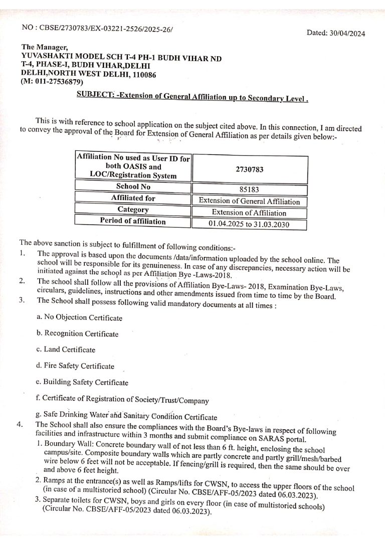 CBSE AFFILIATION LETTER – YMS Budh Vihar