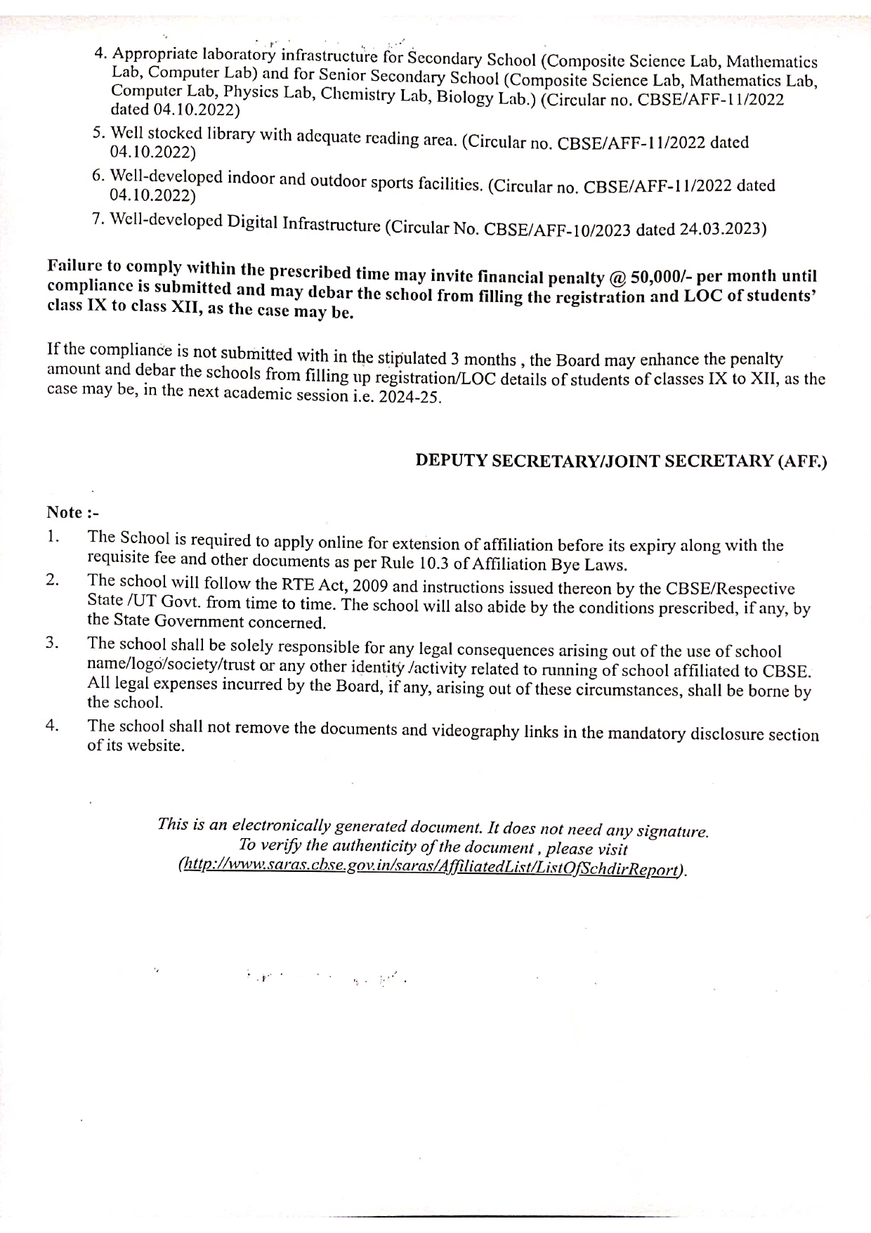 CBSE AFFILIATION LETTER – YMS Budh Vihar